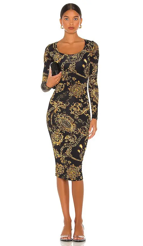 slim fit dress slacks Final Sale Plus Size One Bell Sleeve Bodycon Dress in Black and Gold Print main image 1