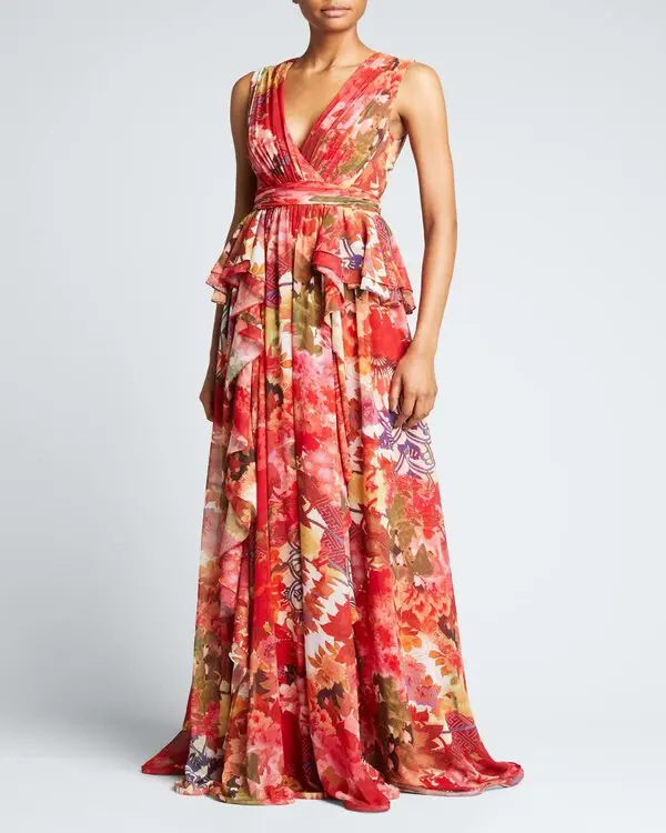 Buy Badgley Mischka Floral Georgette Cascading Ruffle Gown - Red Multi ...