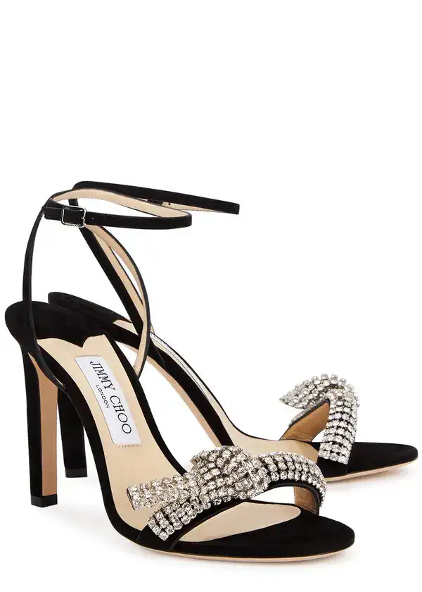 Jimmy Choo Thyra 100 Embellished Suede Sandals In Black 32% Off
