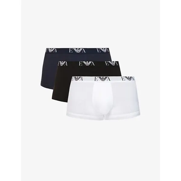 Emporio Armani Logo-print Stretch-cotton Trunks Pack Of Three - Bianco/nero/marine