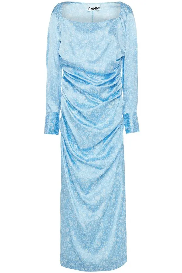ganni blue silk dress Blue Crinkled Satin O-Neck Midi Dress