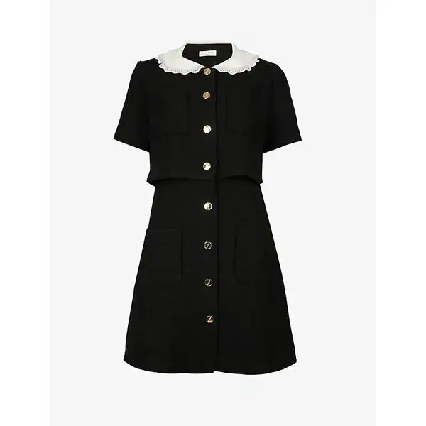 Sandro Peter Pan Collar Organic Cotton-Blend Tweed Mini Dress - Noir / Gris  | Editorialist