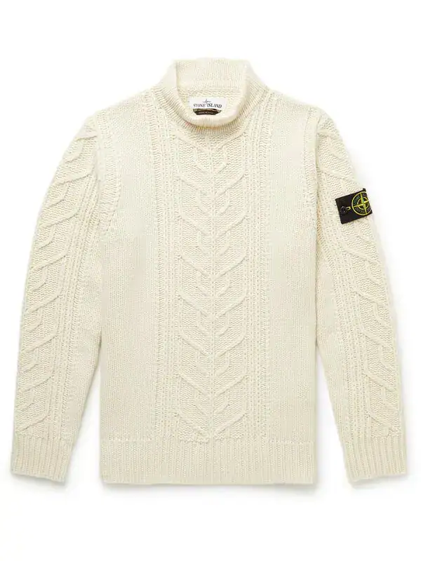 Stone Island Logo-AppliquéD Cable-Knit Wool-Blend Mock-Neck 