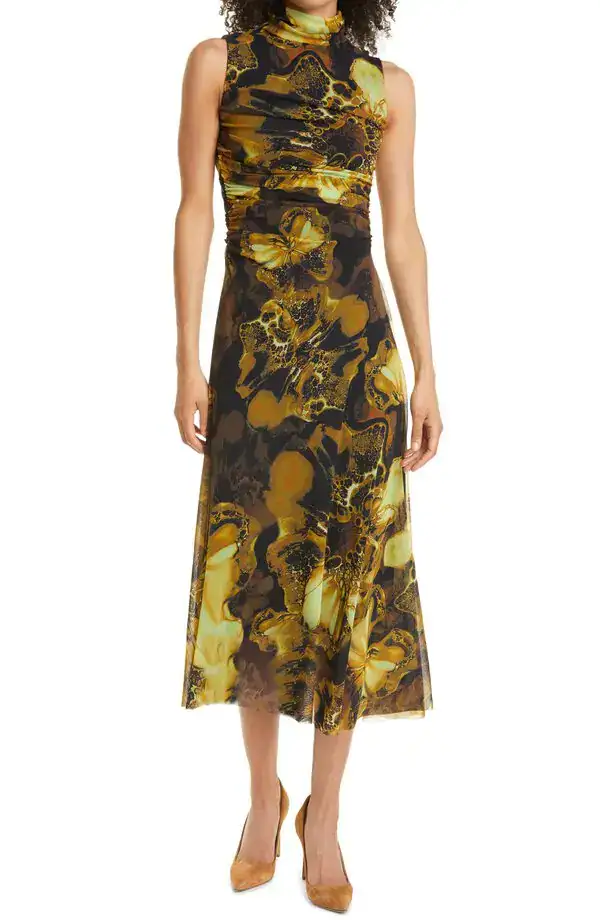 knee length dresses for ladies JPG Fuzzi Yellow Mesh Midi Dress