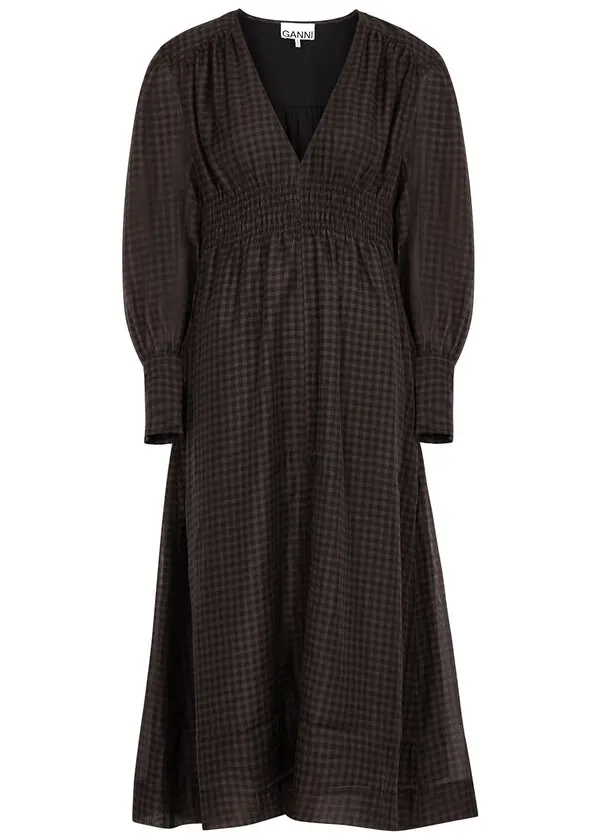 Ganni Gingham Organza Midi Dress In Brown - 50% Off | Editorialist