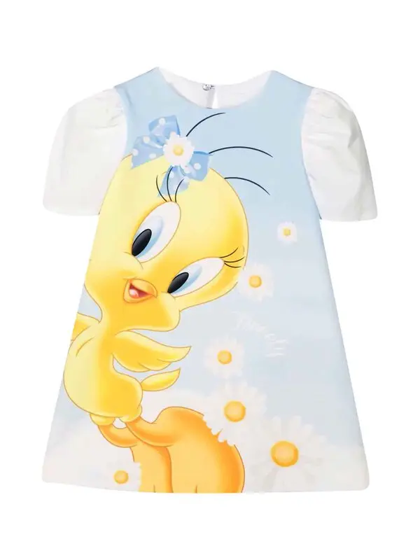 Monnalisa Light Blue Dress With Tweety Bird Print - Azzurro | Editorialist