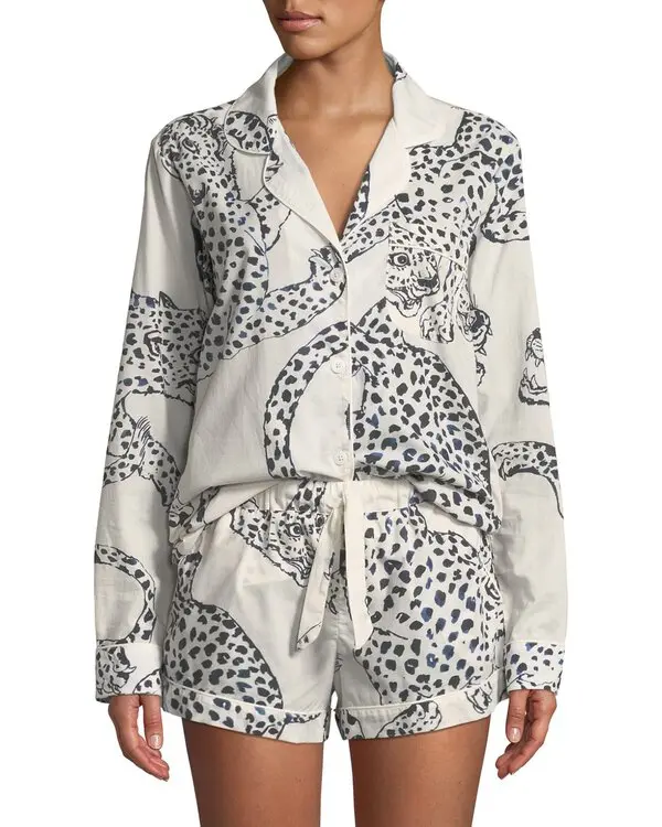 Desmond & Dempsey Leopard Print Classic Short Pajama Set - White