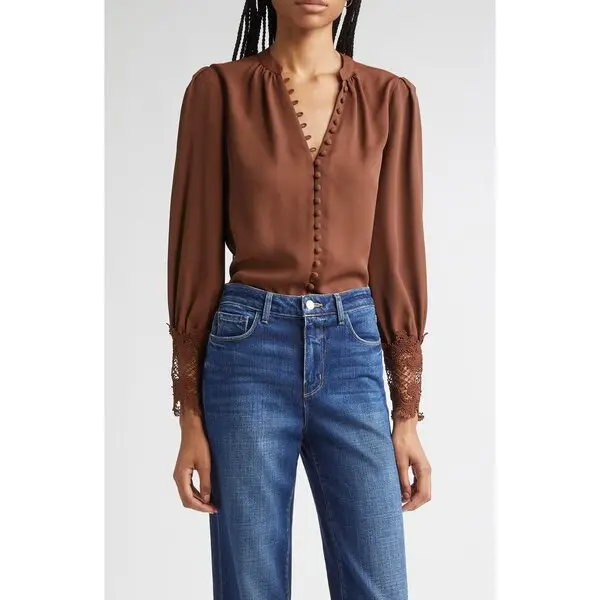 L'Agence Ava Lace Cuff Button-up Blouse - Hot Fudge