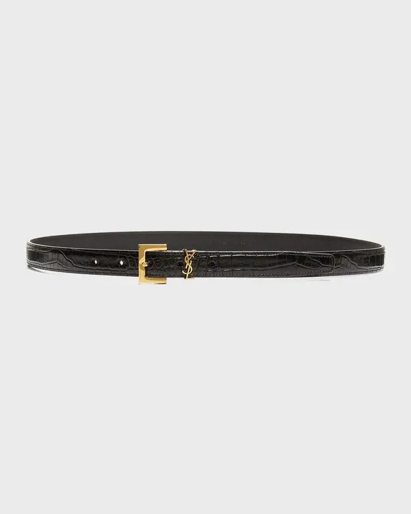 Saint Laurent Croc-embossed Skinny Belt