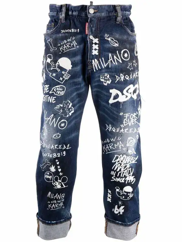パンツ Dsquared2 Slim Fit Graffiti Print Jeans Dsquared2 Graffiti Print Turn-Up Jeans In Blue - 60% Off