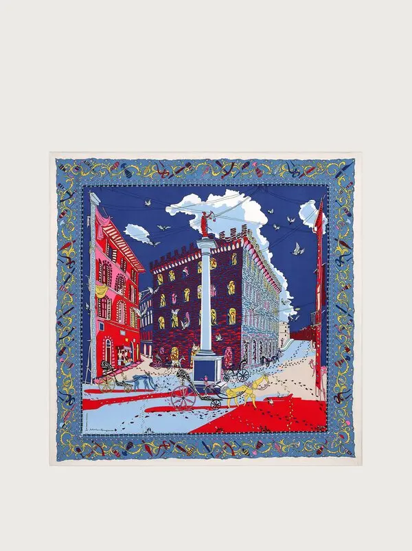 FERRAGAMO Palazzo Spini Feroni Print Silk Foulard - Blue