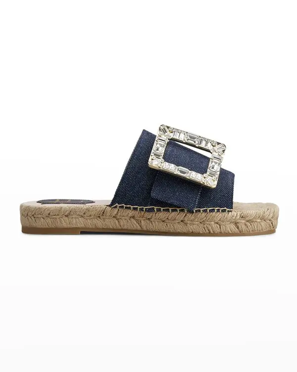 Roger Vivier Denim Strass Buckle Espadrille Sandals Navy