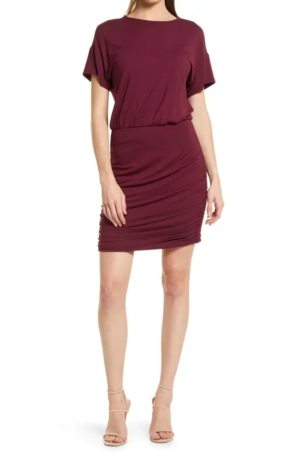Socialite Ruched Blouson Dress - Wine | Editorialist