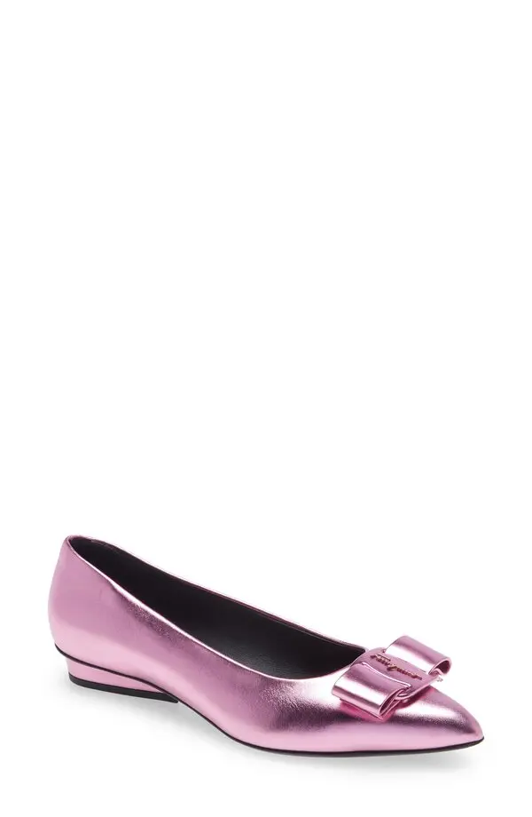 Ferragamo Viva Bow Metallic Pointed Toe Flat Flamingo Editorialist