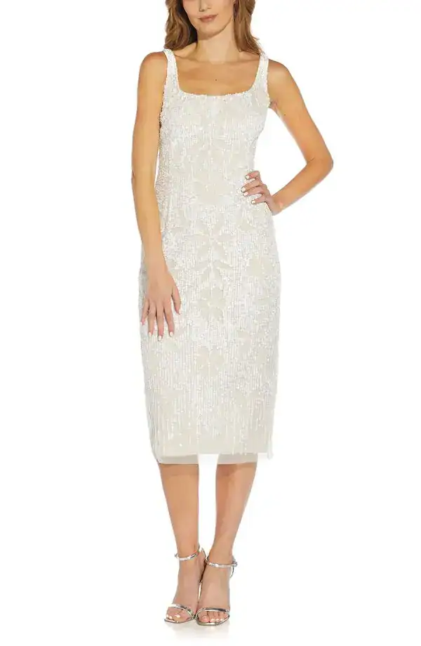 Adrianna Papell Beaded Square Neck Sleeveless Midi Dress In Ivory/Pearl -  Ivory/ Pearl | Editorialist