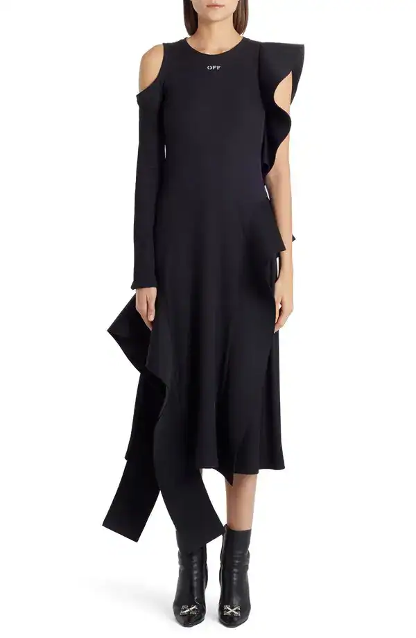 Off-White Asymmetrical One-Sleeve Midi Dress - Black White | Editorialist