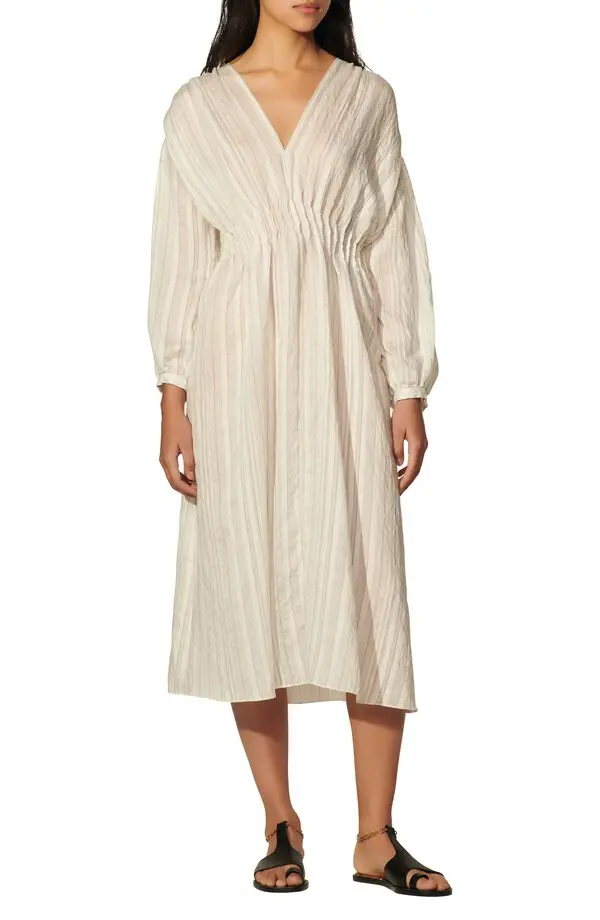 Sandro Rome Stripe Puff Sleeve Fit & Flare Dress - Ecru | Editorialist