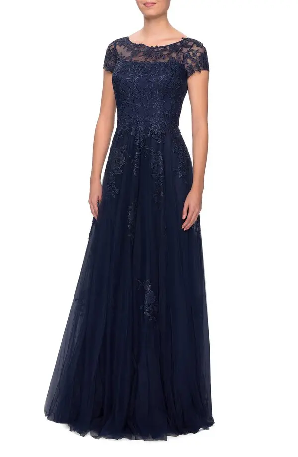 Labomme Embroidered Lace Illusion Yoke A-Line Gown - Navy | Editorialist