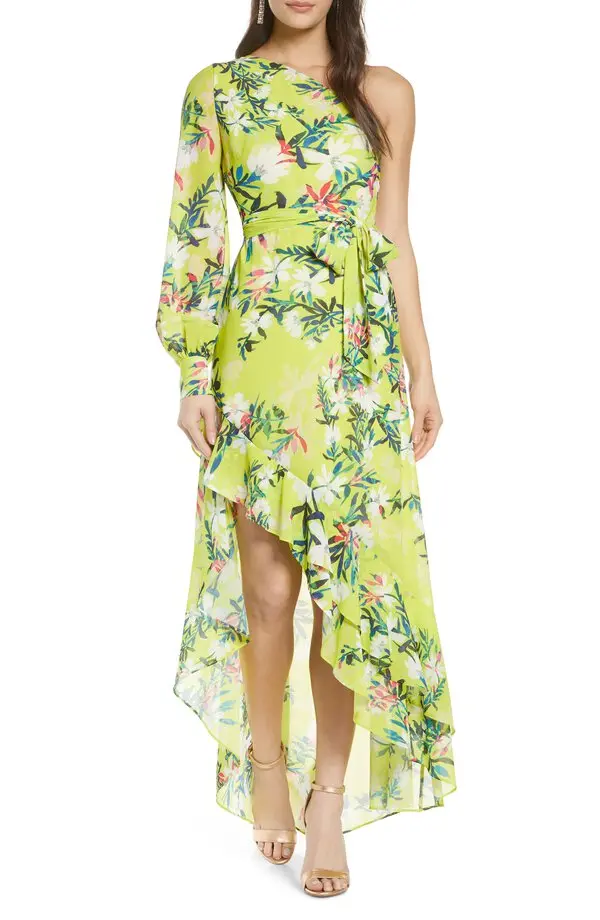 One33 Social Tropical Print One-Shoulder Long Sleeve High-Low Gown - Bright  Lime | Editorialist