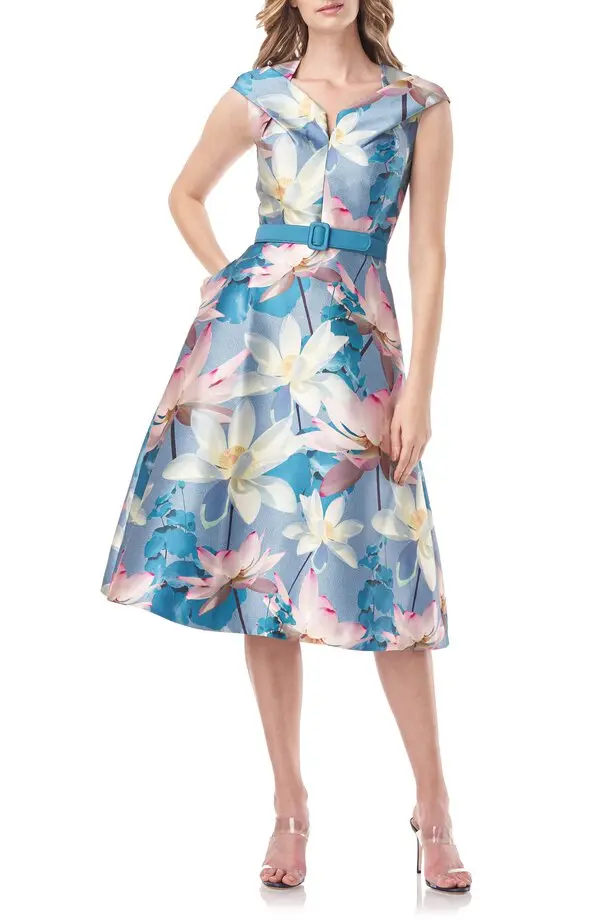 Kay Unger Matilda Floral Belted A-Line Midi Dress In Dove Blue/Cerise - Dove  Blue/ Cerise | Editorialist