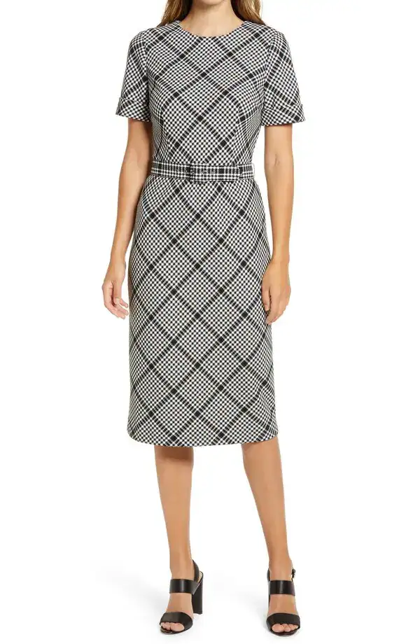 Maggy London Plaid Belted Knit Sheath Dress In Black/White In Black/ White  - 50% Off | Editorialist