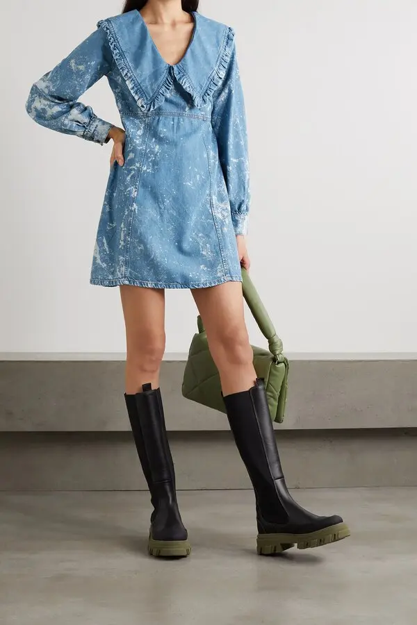 Ganni Net Sustain Ruffled Bleached Organic Denim Mini Dress In Blue - 50%  Off | Editorialist
