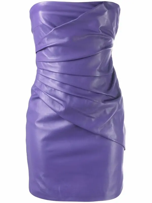 Manokhi Ruched Strapless Leather Dress - Purple | Editorialist