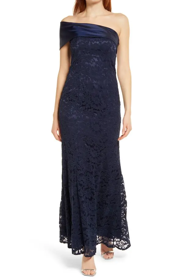 Eliza J One Shoulder Satin Band Lace Overlay Mermaid Gown In Navy - 70% Off  | Editorialist
