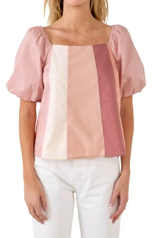 English Factory Puff Sleeve Colorblock Top