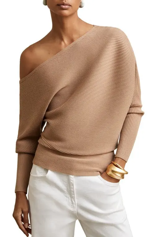 REISS Lorna Off-the-shoulder Ribbed Sweater - Camel