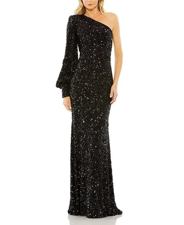 Mac Duggal Sequined One Shoulder Trumpet Gown - Black