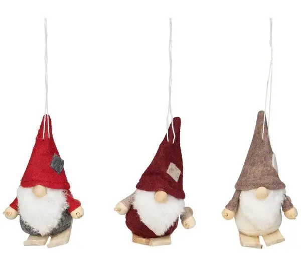 NORTHLIGHT S/3 Red & Gray Skiing Gnome Christma Ornaments