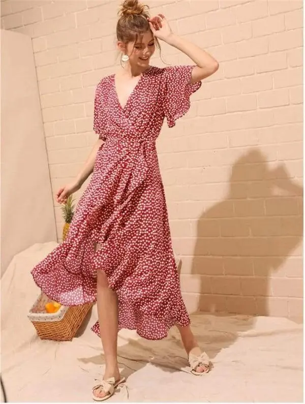 ANNA-KACI Ruffle Dot Summer Dress - Red | Editorialist