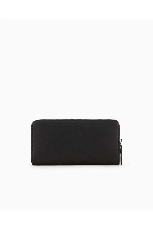 Emporio Armani Asv Regenerated Saffiano Leather Zip-around Wallet With Eagle Plate