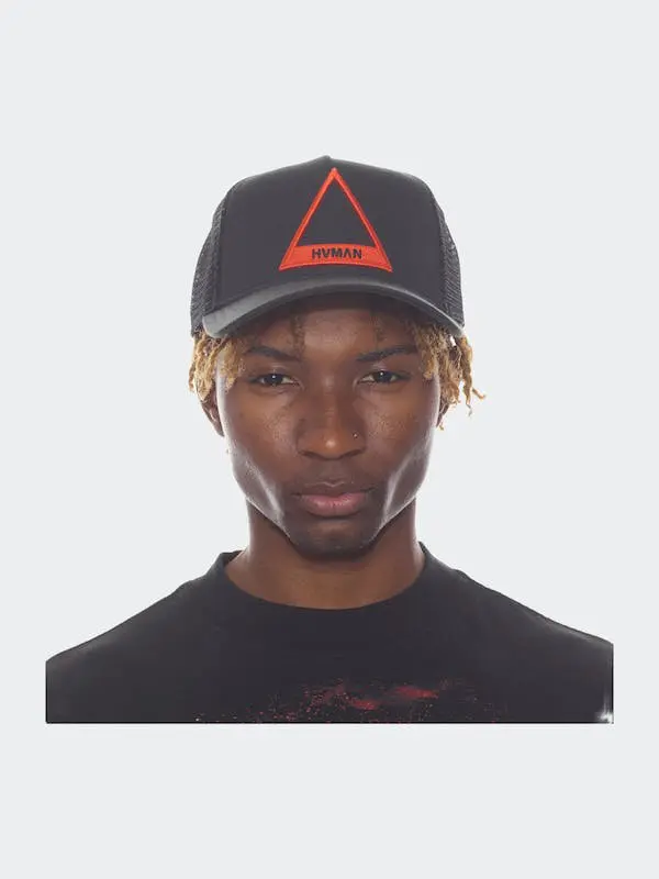 HVMAN Triangle Logo Mesh Trucker Cap In /with Red Logo - Black ...