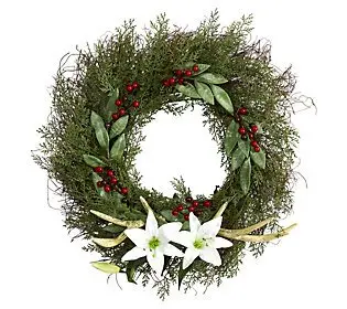 NEARLY NATURAL 20' Cedar Antlers Lily & Ruscus W Berries Wreath