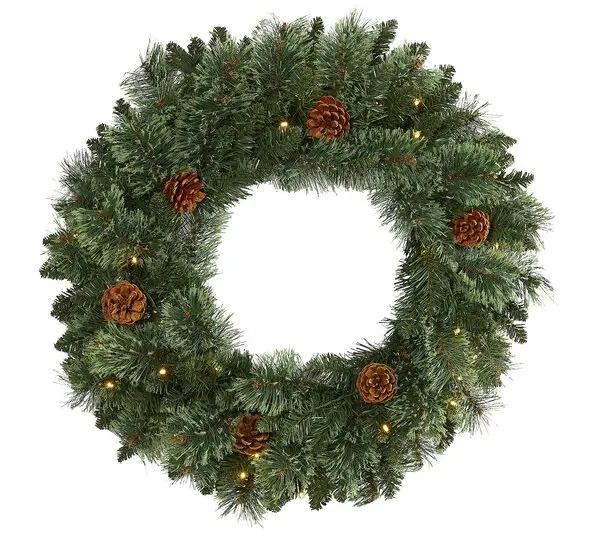 NEARLY NATURAL 24' Lit White Mountain Pine Wreath Nearly Na Tural