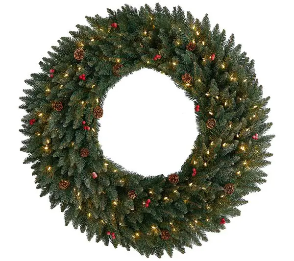 NEARLY NATURAL 4' Large Flocked Christmas Wreat W/150 Lights