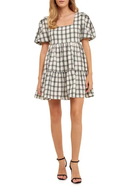 English Factory Gingham Puff Sleeve Tweed Minidress