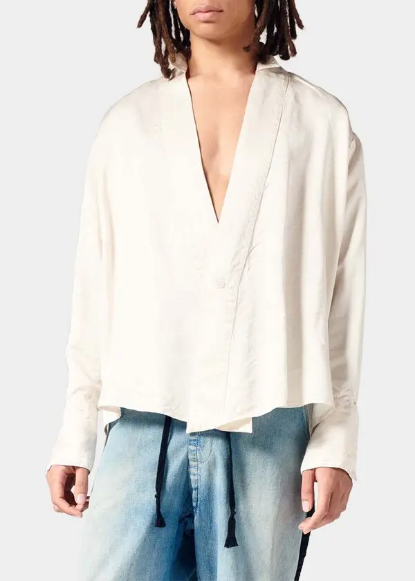 GREG LAUREN Satin Winged Wrap Shirt - Ivory | Editorialist