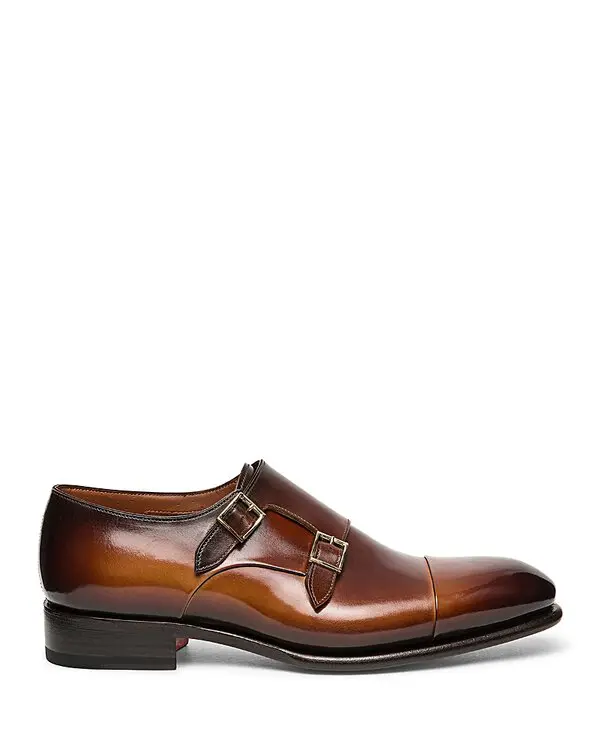 Santoni Carter Cap Toe Double Monk Strap Shoes - Tan