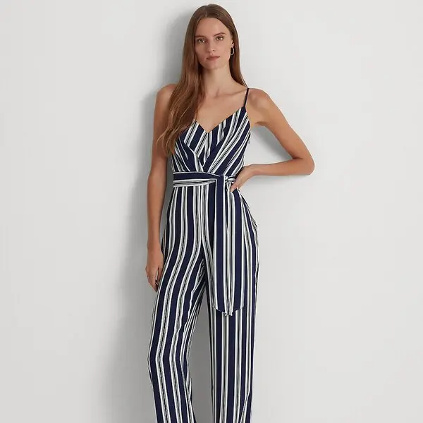 Ralph Lauren Striped Belted Crepe Jumpsuit In Navy/White 53% Off