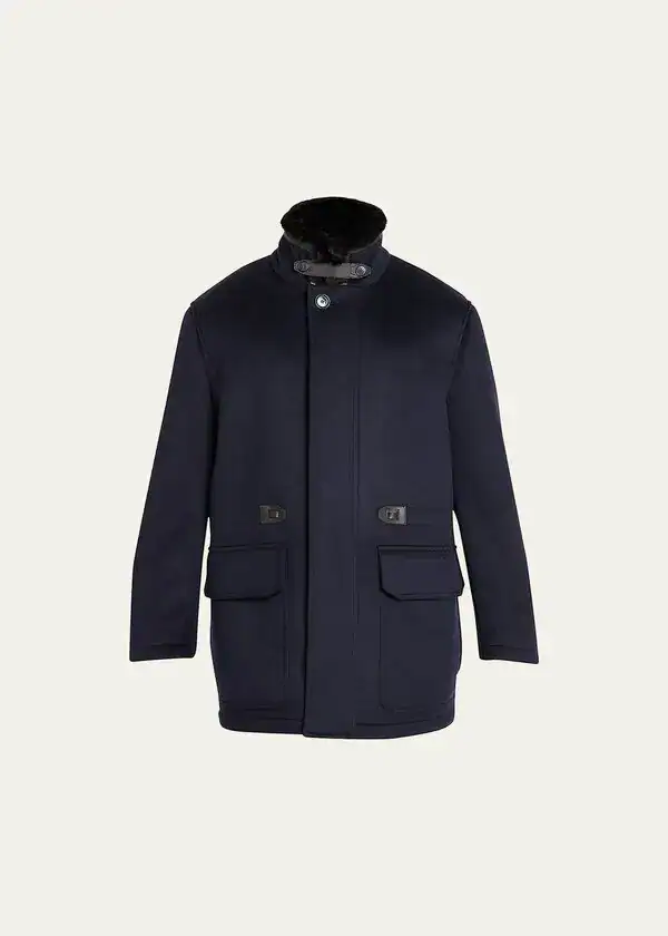 Brioni Shearling-Lined Wool Car Coat In Navy - 50% Off | Editorialist