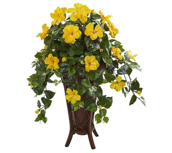 NEARLY NATURAL Hibiscus Artificial Plant In Stand Planter N Early Natural