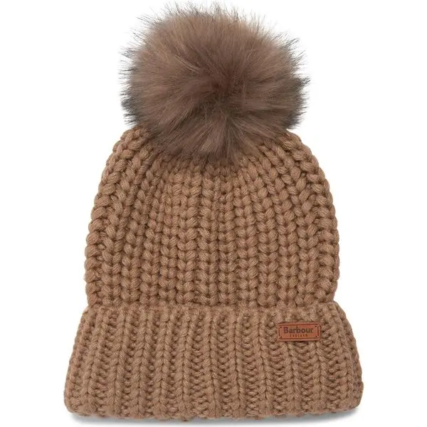 Barbour Ribbed Beanie With Faux-fur Pompom - Mink
