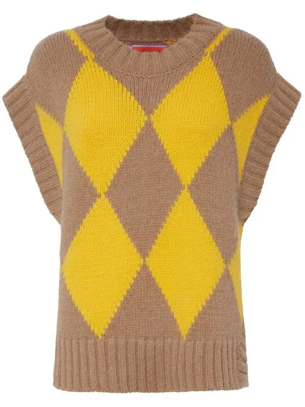 La DoubleJ Argyle-check Knit Vest - Yellow