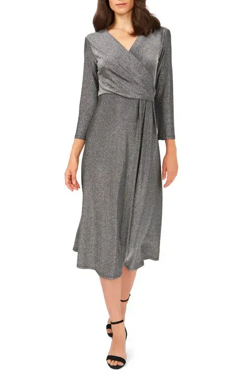 Chaus Three-quarter Sleeve Faux Wrap Midi Dress - Black/silver 013