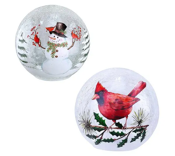 RCS GIFTS Rcs Set Of 2 Snowman And Cardinal Crackle Glass Led Globes