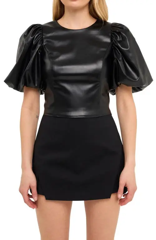 Endless Rose Puff Sleeve Faux Leather Crop Top
