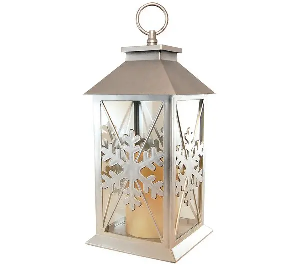 LUMABASE Silver Snowflake Lantern With Led Cand Le And Timer